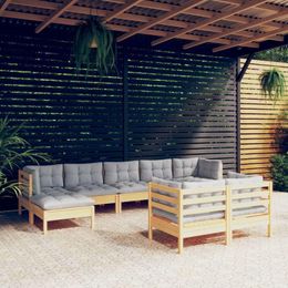 9-tlg. Garten-Lounge-Set，Gartenmöbel-Set mit Grauen Kissen Kiefer Massivholz vidaXL