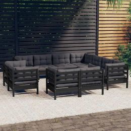 11-tlg. Garten-Lounge-Set,Gartenmöbel-Set mit Kissen Schwarz Massivholz Kiefer vidaXL