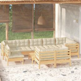 Bonnevie - 10-tlg. Garten-Lounge-Set,Gartenmöbel-Set mit Creme Kissen Massivholz Kiefer vidaXL