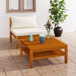 2-tlg. Garten-Sofagarnitur,Gartenmöbel-Set mit Cremeweißen Kissen Akazienholz vidaXL