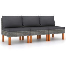 Bonnevie - 3 Stk. Mittelsofa,Gartensofa s Poly Rattan und Eukalyptus Massivholz vidaXL