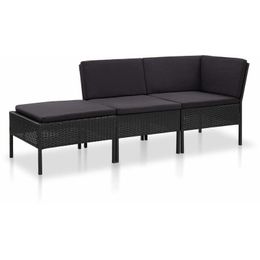 3-tlg. Garten-Lounge-Set,Gartenmöbel-Set mit Auflagen Poly Rattan Schwarz vidaXL