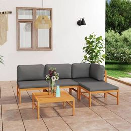 5-tlg. Garten-Lounge-Set,Gartenmöbel-Set mit Grauen Kissen Massivholz Teak vidaXL