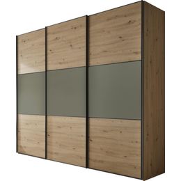 Schwebetürenschrank STAUD "Includo" Schränke Gr. B/H/T: 298 cm x 222 cm x 68 cm, Basic, 3 St., grün (artisan eiche, salbei) Schwebetürenschränke und Schiebetürenschränke