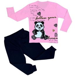 LOREZA Pyjama Mädchen Pyjama Set langarm Panda Schlafanzug Hausanzug Baumwolle (Set