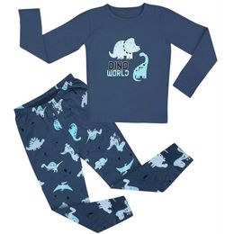 LOREZA Pyjama Jungen zweiteiliger Schlafanzug Langarm Baumwolle Dinosaurier (Set