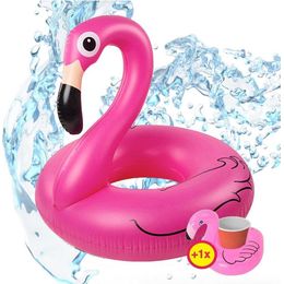 SwimAlot® Schwimmring Flamingoring 110 cm Schwimmring Flamingo + aufblasbarer Getränkehalter (Flamingo Set