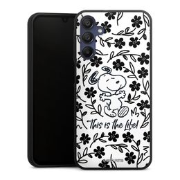 DeinDesign Galaxy A15 Handy Premium Silikon H&uuml;lle Handyh&uuml;lle schwarz Case Peanuts Flowers Snoopy Silikon Premium Case