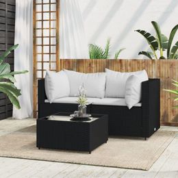 Bonnevie - 3-tlg. Garten-Lounge-Set,Gartenmöbel-Set mit Kissen Schwarz Poly Rattan vidaXL