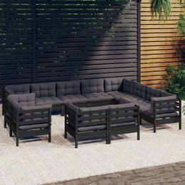 Bonnevie - 12-tlg. Garten-Lounge-Set,Gartenmöbel-Set mit Kissen Schwarz Massivholz Kiefer vidaXL