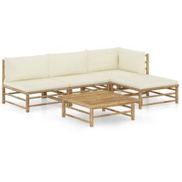 Bonnevie - 5-tlg. Garten-Lounge-Set,Gartenmöbel-Set mit Cremeweißen Kissen Bambus vidaXL