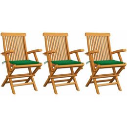 Gartenstühle mit Grünen Kissen 3 Stk. Gartensessel Massivholz Teak vidaXL