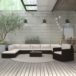 11-tlg. Garten-Lounge-Set,Gartenmöbel-Set mit Auflagen Poly Rattan Braun vidaXL