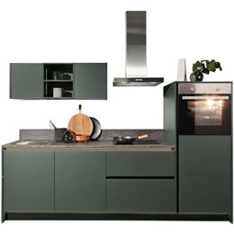 Kochstation Küchenzeile KS-Sakura, vormontiert, mit Vollauszügen und höhenverstellbaren Füßen, wahlweise mit E-Geräten und Beleuchtung, Breite 268 cm, grau|grün