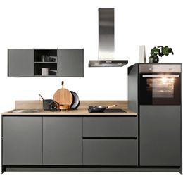 Kochstation Küchenzeile KS-Sakura, vormontiert, mit Vollauszügen und höhenverstellbaren Füßen, wahlweise mit E-Geräten und Beleuchtung, Breite 268 cm, grau