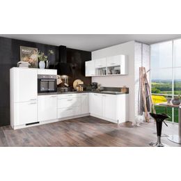 Kochstation Küchenzeile KS-Scafa, vormontiert, mit höhenverstellbaren Füßen, vormontiert, wahlweise mit E-Geräten, Stellbreite 305 x 185 cm, weiß