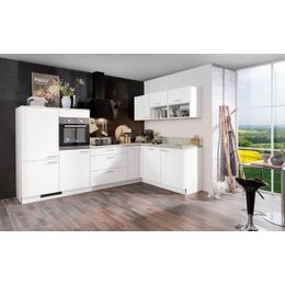 Kochstation Küchenzeile KS-Scafa, vormontiert, mit höhenverstellbaren Füßen, vormontiert, wahlweise mit E-Geräten, Stellbreite 305 x 185 cm, weiß