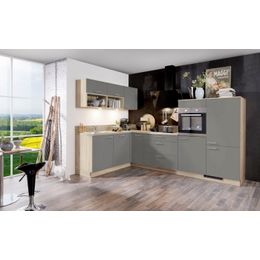 Kochstation Küchenzeile KS-Scafa, vormontiert, mit höhenverstellbaren Füßen, vormontiert, wahlweise mit E-Geräten, Stellbreite 305 x 185 cm, grau