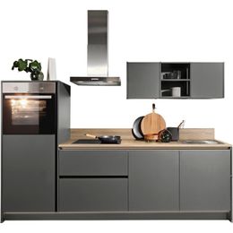 Kochstation Kücheninsel KS-Sakura, vormontiert, mit Vollauszügen und höhenverstellbaren Füßen, vormontiert, wahlweise mit E-Geräten und Beleuchtung, Breite 268 cm, grau