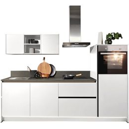 Kochstation Küchenzeile KS-Sakura, vormontiert, mit Vollauszügen und höhenverstellbaren Füßen, wahlweise mit E-Geräten und Beleuchtung, Breite 268 cm, weiß