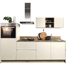Kochstation Kücheninsel KS-Sakura, vormontiert, mit Vollauszügen und höhenverstellbaren Füßen, vormontiert, wahlweise mit E-Geräten und Beleuchtung, Breite 268 cm, beige