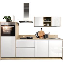 Kochstation Kücheninsel KS-Sakura, vormontiert, mit Vollauszügen und höhenverstellbaren Füßen, vormontiert, wahlweise mit E-Geräten und Beleuchtung, Breite 268 cm, weiß