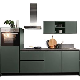 Kochstation Kücheninsel KS-Sakura, vormontiert, mit Vollauszügen und höhenverstellbaren Füßen, vormontiert, wahlweise mit E-Geräten und Beleuchtung, Breite 268 cm, grau|grün