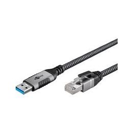 goobay Ethernet-Kabel USB-A 3.2 Gen1 Stecker > RJ-45 Stecker, LAN-Adapter schwarz/silber, 10 Meter, geflochtener Textilmantel