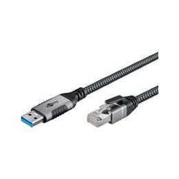 goobay Ethernet-Kabel USB-A 3.2 Gen1 Stecker > RJ-45 Stecker, LAN-Adapter schwarz/silber, 2 Meter, geflochtener Textilmantel