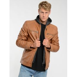 Lederjacke JCC "3102234", Herren, Gr. 48, braun (cognac), Obermaterial: 100% Lammleder; Innenfutter oben: 100% Polyester; Innenfutter unten: 100% Baumwolle; Ärmelfutter: 100% Polyester; Kapuzeneinsatz: 55% Baumwolle, 45% Polyester; Wattierung: 100% Polyester, mit Knopf, Jacken