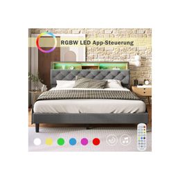 Ulife Polsterbett Graues Doppelbett mit LED-Beleuchtung & Kopfteil-Stauraum 140x200 cm (Packung