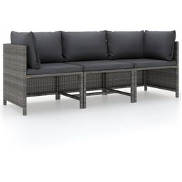 Bonnevie - 3-Sitzer-Gartensofa,Lounge-Sofa mit Kissen Grau Poly Rattan vidaXL