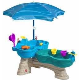Step2 Spill & Splash Seaway Wasserspieltisch Großer Wassertisch mit 11-teiligem Zubehör Set & Sonnenschirm Garten Wasser Spieltisch für Kinder in Blau