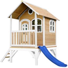 Spielhaus Tom mit blauer Rutsche Stelzenhaus in Braun & Weiß aus fsc Holz für Kinder Spielturm für den Garten - Braun - AXI