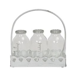 Posiwio Tischvase Vasen-Set BLOOMING weiß Metalltablett mit 3 Glasflaschen für Blumen