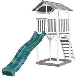 Beach Tower Spielturm aus Holz in Weiß & Grau Spielhaus für Kinder mit grüner Rutsche und Sandkasten Stelzenhaus für den Garten - Weiß - AXI