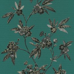 A.S. Création Florale Tapete in Petrol und Schwarz | Asiatische Tapete mit Blumen ideal für Schlafzimmer und Esszimmer | Kunstvolle Blumentapete mit Vinyl - 10,05