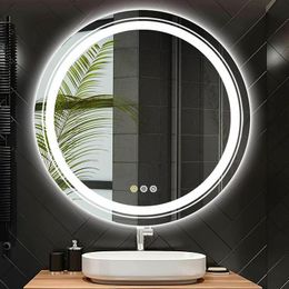Luvodi - led Badspiegel Rund Spiegel mit Beleuchtung ф90cm Badspiegel Badezimmerspiegel mit 3 Touchschalter, Antibeschlage, Dimmbar, Memory-Funktion