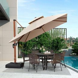 Garten Sonnenschirm, quadratischer Alu Holzoptik Ampelschirm Überhang mit Kurbelgriff und Neigung für Balkon 3 x 3 m UV50+, Beige - Purple Leaf