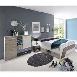 Lomadox - Jugendzimmer Set mit Bett 140x200 cm und Kommode 3-teilig LEEDS-10 in Sandeiche Nb. mit weiß, Lava und Denim Blau - grau