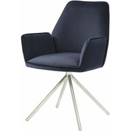 Neuwertig] Esszimmerstuhl HHG 851, Küchenstuhl Stuhl mit Armlehne, drehbar Auto-Position, Samt anthrazit-blau, Edelstahl - blue