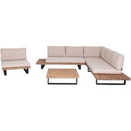 HHG - Garten-Garnitur mit Sessel 469, Lounge-Set Sofa, Spun Poly Akazie Holz mvg Aluminium hellbraun, Polster beige - beige