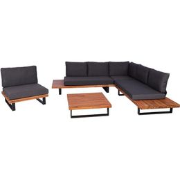 HHG - neuwertig] Garten-Garnitur mit Sessel 469, Lounge-Set Sofa, Spun Poly Akazie Holz mvg Aluminium braun, Polster dunkelgrau - grey