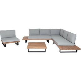 HHG - Garten-Garnitur mit Sessel 469, Lounge-Set Sofa, Spun Poly Akazie Holz mvg Aluminium hellbraun, Polster hellgrau - grey