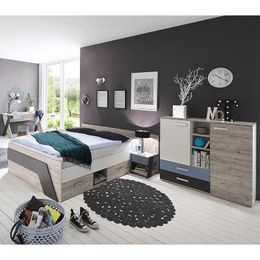 Lomadox Jugendzimmer mit Bett 140x200 cm und Schreibtisch 4-teilig LEEDS-10 in Sandeiche Nb. mit weiß, Lava und Denim Blau - grau