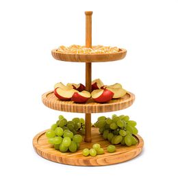 Relaxdays Etagere Bambus h: 25 cm d: 30 cm 3-stöckige Obstetagere aus Holz mit 3 runden Schalen zur Ablage von Gebäck, Kekse, Party-Snacks, Nüsse, Süßigkeiten