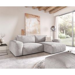 DeLife Ecksofa Lanzo, XL Cord Silbergrau 270x180 cm Recamiere variabel mit Hocker