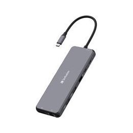 Verbatim USB-C Pro Multiport-Hub CMH-13, 13 Port, Dockingstation grau, 2x HDMI, DP, RJ-45, 6x USB-A, Audio, 2x USB-C PD Geeignet für: MacBook, Notebook, Tablet, Smartphone mit USB-C Anschluss Anschlüsse: 1x RJ-45, 1x 3,5-mm-Line-Out, 1x DisplayPort-Ausgang, 2x HDMI-Ausgang, 2x USB-A 2.0, 3x USB-A 3.2 (5 Gbit/s), 1x USB-A 3.2 (10 Gbit/s), 2x USB-C 3.2 ( Stromversorgung: USB-Betrieb Typ: Dockingstation