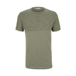 Tom Tailor Herren Gestreiftes T-Shirt mit Brusttasche, grün, Melange Optik, Gr. L
