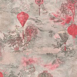 A.S. Création Vintage Tapete im chinesischen Stil | Asiatische Vinyl Tapete mit Lampions und Fächern | Landschaft Wandtapete in Grau und Pink für Schlafzimmer
